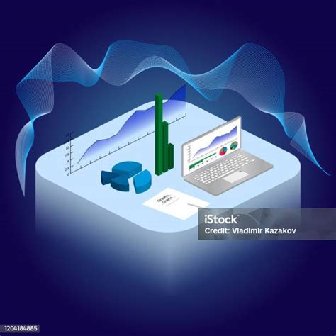 노트북과 테이블에 차트와 그래프와 아이소메트릭 인포 그래픽 데이터 분석 및 수익 성장을 위한 미래지향적인 3d 그래프 프로젝션 파란색 배경에 벡터 Eps 10 3차원 형태에