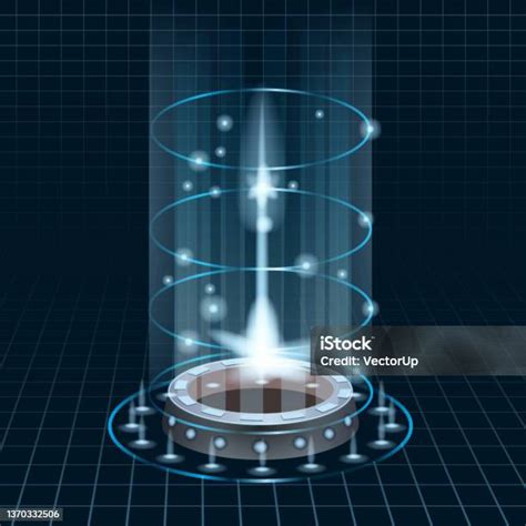 미래 포털 스카이 파이 디지털 광선과 빛 연단 프로젝터가있는 원형 과학 텔레포트 터널 벡터 일러스트레이션 블랙 블루 배경 3차원 형태에 대한 스톡 벡터 아트 및 기타 이미지