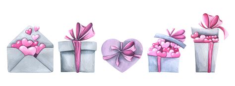 선물 세트 활과 마음이있는 휴일 상자 수채화 그림 큰 발렌타인 데이 세트에서 흰색 배경에 고립 된 물체 작곡의 장식과 디자인을 위해 개체 그룹에 대한 스톡 벡터 아트 및