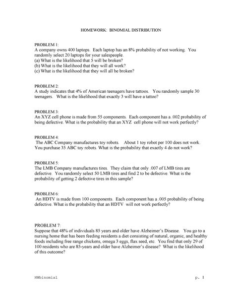 Hwbinomial Homework Binomial Distribution Homework Binomial Distribution Problem 1 A