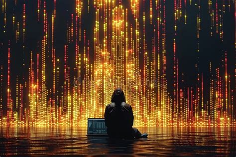 Mysterious Hacker In Hoodie And Leather Jacket With Laptop Against Dark Trading Chart Background