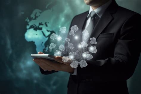 Businessman Holding Smart Phone With Cloud Computing And World Map On