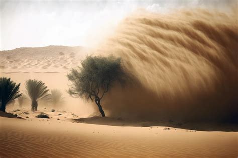 Premium AI Image A Desert Scene With A Tree Blowing In The Wind