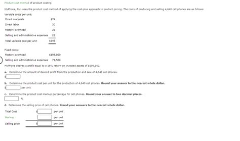 Solved Product Cost Method Of Product CostingVariable Costs Chegg