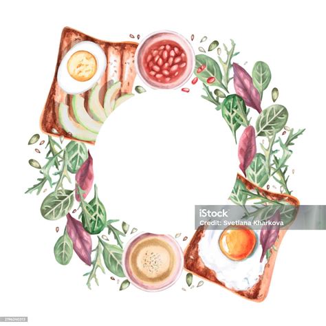 샌드위치와 녹지가 있는 둥근 프레임 레스토랑 메뉴 디자인 미식 잡지 및 축제를 위한 음식 테마에 사실적인 스타일의 고립된 수채화 그림 건강한 식생활에 대한 스톡 벡터 아트