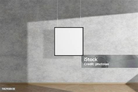 사각형 은 콘크리트 벽에 검은 매달려 사진 프레임을 조롱 간단한 내부 어두운 방 빛과 창의 그림자 3d 렌더링 0명에 대한 스톡 사진 및 기타 이미지 Istock