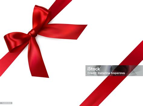 흰색 배경에 장식용 활이있는 벡터 밝은 빨간색 반짝이는 리본 초대장 선물 포장 또는 카드 디자인 3차원 형태에 대한 스톡 벡터 아트 및 기타 이미지 Istock
