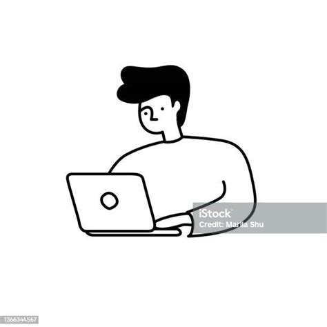 남자가 노트북에서 남자인 벡터 간단한 선형 흑백 그림 경영자에 대한 스톡 벡터 아트 및 기타 이미지 경영자 고객 기업 비즈니스 Istock