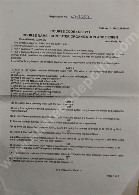 Cse211 Computer Organization And Design End Term Exam Question Paper Cse 211 Lpu Sentence
