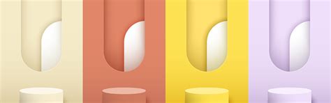 부드러운 파스텔 크림 벽돌 노란색 보라색 색상 장면 배경세트 추상벽이 있는 3d 스테이지 시상대 제품 디스플레이 광고 쇼 우승자를 위한 받침대 최소한의 스타일 벡터