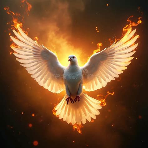 White Dove With Open Wings In Flames Symbol Of Peace And Hope Bird Flies In Fire Representing