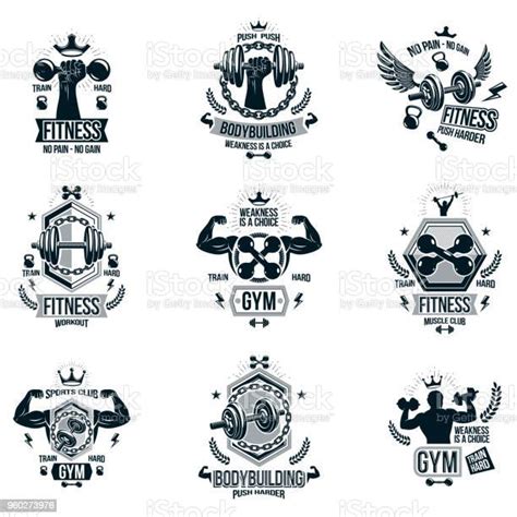 벡터 무거운 집합이 로드 테마 아령과 구성 광고 전단지 주전자 벨 스포츠 장비 및 강한 남자 몸 실루엣 가리기에 대한 스톡 벡터 아트 및 기타 이미지 Istock