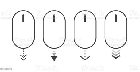 흰색 배경에 컴퓨터 마우스 검은 색 아이콘을 아래로 스크롤합니다 웹 사이트 및 모바일 앱에 대한 요소를 디자인합니다 벡터 일러스트레이션 종이 두루마리에 대한 스톡 벡터 아트