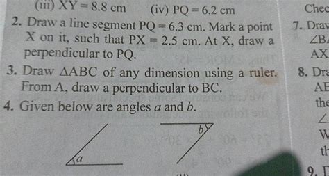 2 draw a line segment pq 6 3 cm mark a point x on it such that px 2 5