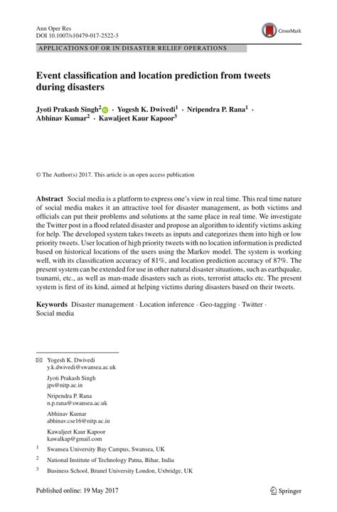 Pdf Event Classification And Location Prediction From Tweets During Disasters