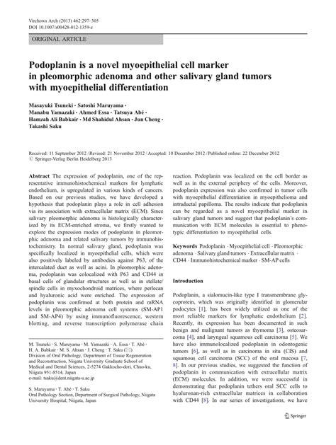 Pdf Podoplanin Is A Novel Myoepithelial Cell Marker In Pleomorphic Adenoma And Other Salivary