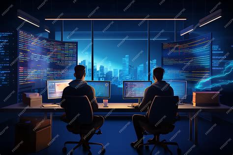Premium Photo Programmers With Laptops Working On Code And Big Data