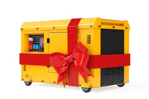 빨간 선물 리본과 활을 가진 비상사태 사용을 위한 큰 노란 외부 보조 전력 발전기 디젤 엔진 3d 렌더링 가솔린에 대한 스톡 사진 및 기타 이미지 Istock