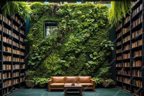 Ecofriendly Library With Green Walls Premium Ai Generated Image