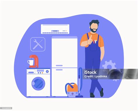 가전 제품 수리 서비스의 개념 도구 세탁기 냉장고 진공 청소기 및 에어컨을 배경으로 한 작업자 주방용 기기에 대한 스톡 벡터 아트 및 기타 이미지 Istock