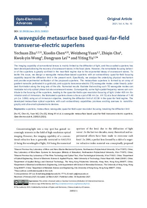 Pdf A Waveguide Metasurface Based Quasi Far Field Transverse Electric
