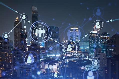 premium photo glowing social media icons on night panoramic city view