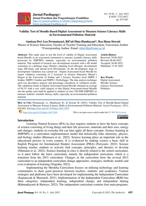 Pdf Validity Test Of Moodle Based Digital Assessment To Measure Science Literacy Skills In