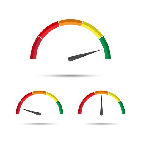 Set Of Simple Vector Tachometers With Indicator In Green Yellow And Red Part Speedometer Icon
