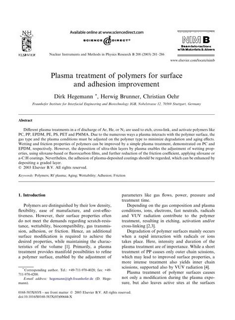 Pdf Plasma Treatment Of Polymers For Surface And Adhesion Improvement Dokumen Tips
