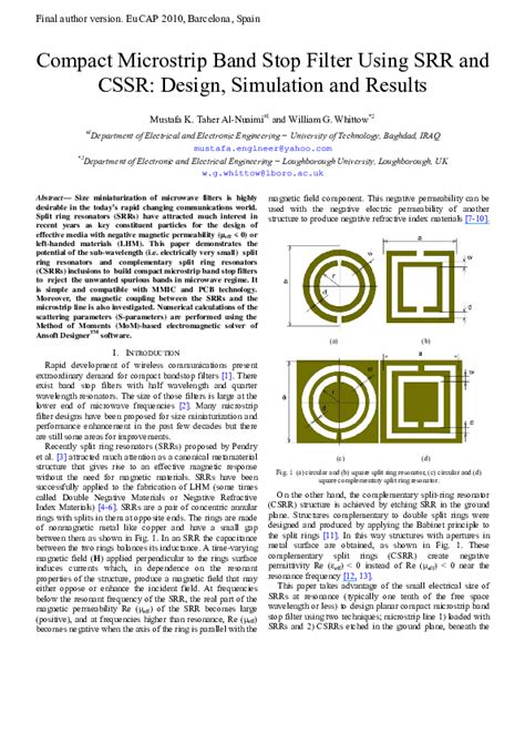 Pdf Compact Microstrip Band Stop Filter Using Srr And Cssr Design Simulation And Results