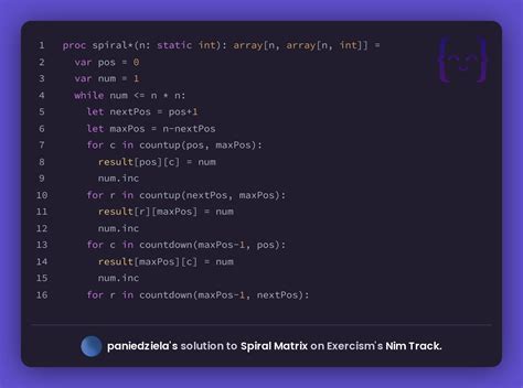 Paniedzielas Solution For Spiral Matrix In Nim On Exercism