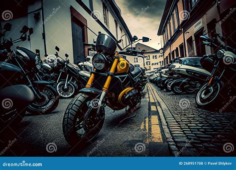 Motorcycles Group Parking On City Street During Adventure Journey