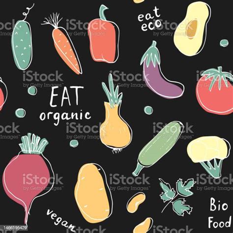 야채 완벽 한 패턴입니다 채식 건강 바이오 식품 배경 비건 유기농 에코 제품 후추 토마토 오이 당근 감자 아보카도 콩 및 완두콩 벡터 그림 0명에 대한 스톡 벡터 아트 및