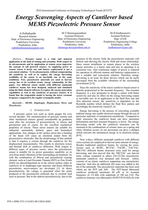Pdf Energy Scavenging Aspects Of Cantilever Based Mems Piezoelectric Pressure Sensor