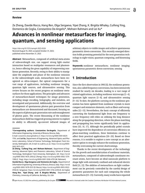 Pdf Advances In Nonlinear Metasurfaces For Imaging Quantum And