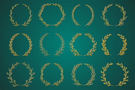 손으로 그린 디자인으로 설정된 금 장식용 가지 화환 로렐은 화환과 장식용 가지 번들을 남깁니다 다른 허브 나뭇 가지 꽃 및 식물 컬 요소의 컬렉션 벡터 장식 올리브 나무에