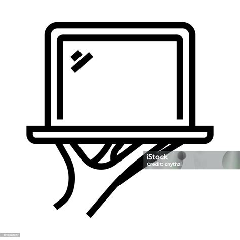 핸드 홀딩 랩톱 라인 아이콘 윤곽 기호 벡터 일러스트레이션 0명에 대한 스톡 벡터 아트 및 기타 이미지 0명 개념 노트북