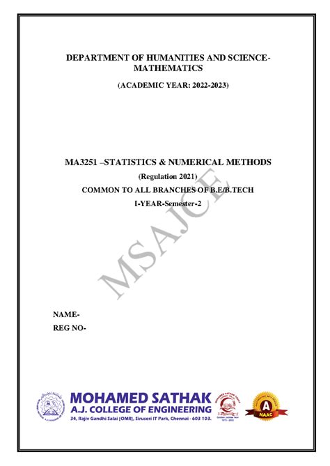 ma3251 ln statistics and numerical calculas department of