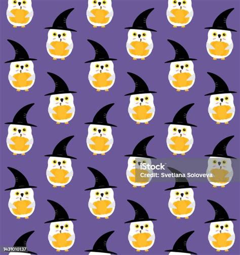 호박과 모자를 가진 편평한 만화 할로윈 마녀 올빼미의 벡터 이음새가 없는 무늬 10월에 대한 스톡 벡터 아트 및 기타 이미지 10월 가을 고풍스런 Istock