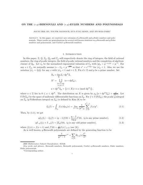 Pdf On The Rq Bernoulli And Rq Euler Numbers And Polynomials