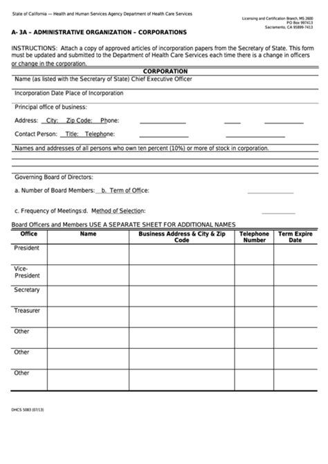 Form Dhcs 5083 California Administrative Organization Corporations