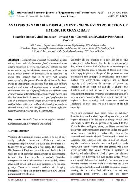 Analysis Of Variable Displacement Engine By Introduction Of Hydraulic