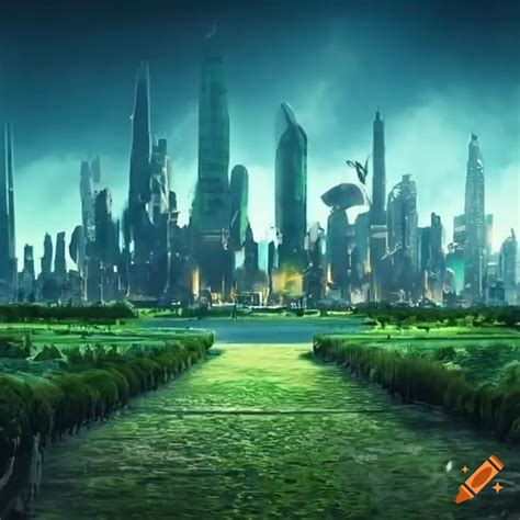 Futuristic city green park in sci fi city setting on Craiyon