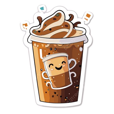 커피잔과 휘핑크림이 디자인된 가와이이 아이스커피 스티커 이미지 일러스트 클립 아트 벡터 고립 된 만화 무료 커피 컵 스티커 디자인 상표 이미지 일러스트 Png