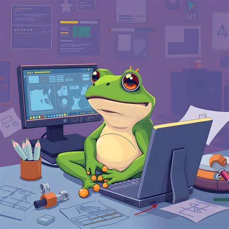 A Green Cartoon Frog Working On A Computer In A Colorful Office Environment Stock Illustration