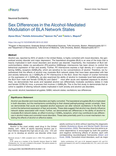 Pdf Sex Differences In The Alcohol Mediated Modulation Of Bla Network