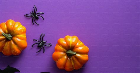 해피 할로윈 휴가 개념입니다 할로윈 장식 호박 보라색 배경에 박쥐 복사 공간이 있는 할로윈 파티 인사말 카드 모형 평평한 누워 평면도 오버 헤드 사진