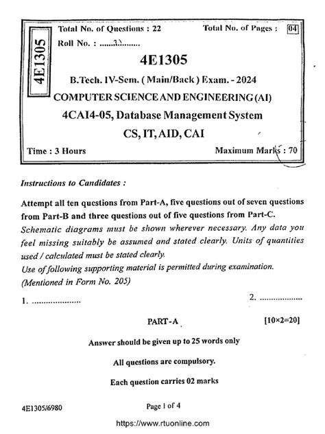 Btech Cs It 4 Sem Database Management System 4e1305 2024 Pdf