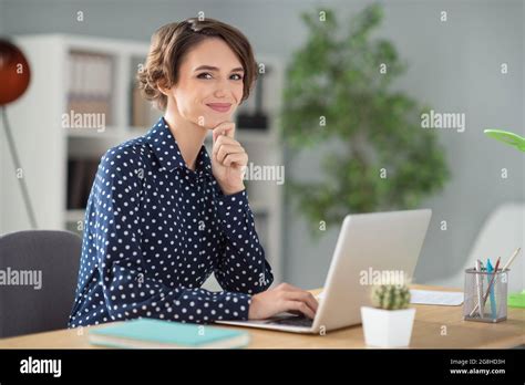 Photo Portrait Of Business Working On Computer Doing Project Start Up Sitting In Office Wearing
