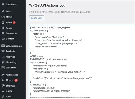 Actions Wpgetapi
